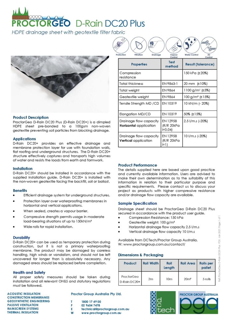 ProctorGeo D-Rain DC20 Plus (D-Rain DC20+) is a dimpled HDPE sheet pre ...